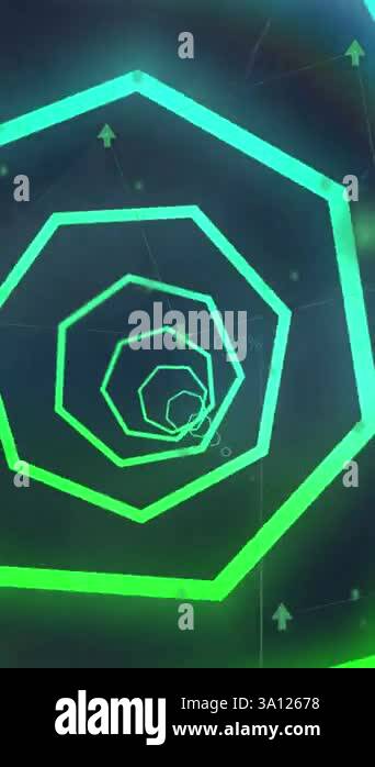 Animation of neon geometrical shapes over falling arrows. abstract ...