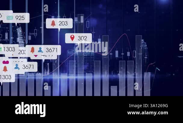Animation of social media engagement icons over financial data charts ...