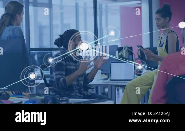 Network of connections and data processing animation over diverse team ...