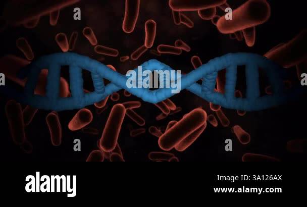 Animation of DNA strand with red bacteria, scientific concept in school ...