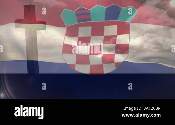 Waving Croatian flag with coat of arms against cloudy sky backdrop ...