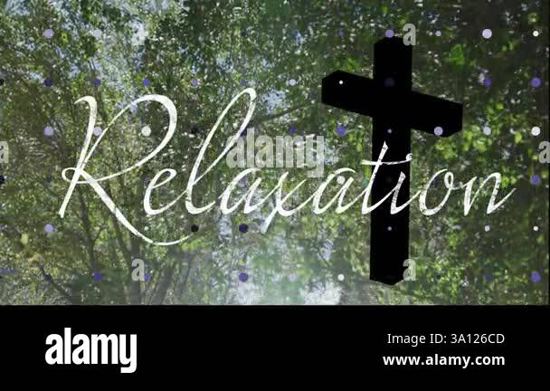 Cross silhouette against sunlit forest background with relaxation text ...
