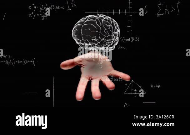 Reaching hand towards floating brain with animation of math equations ...