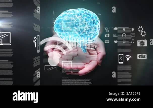 Holding digital brain with animation and data icons, hands showcasing technology. Artificial ...