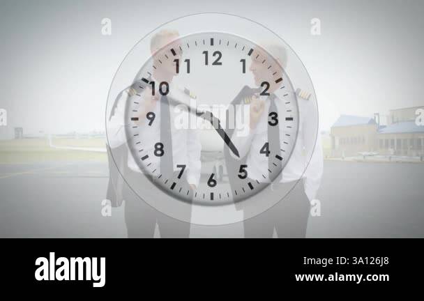 Animation of clock overlaying pilots standing near airport runway ...