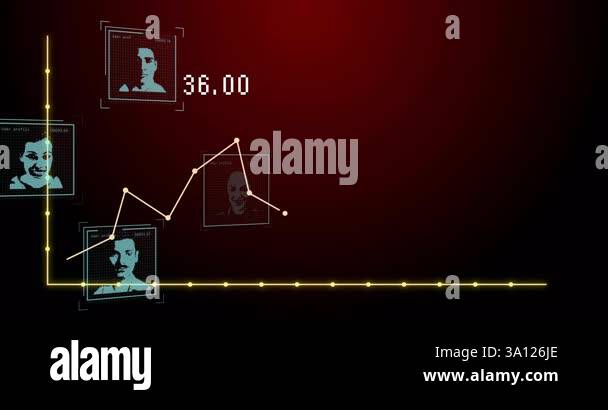 Graph line fluctuating over animation of digital portraits and numerical data. Technology ...