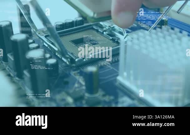 Hand installing processor on motherboard with digital data overlay animation. Technology ...