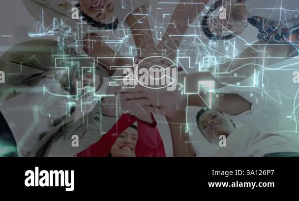 Forming circle, diverse group creating animation with TECH text and ...