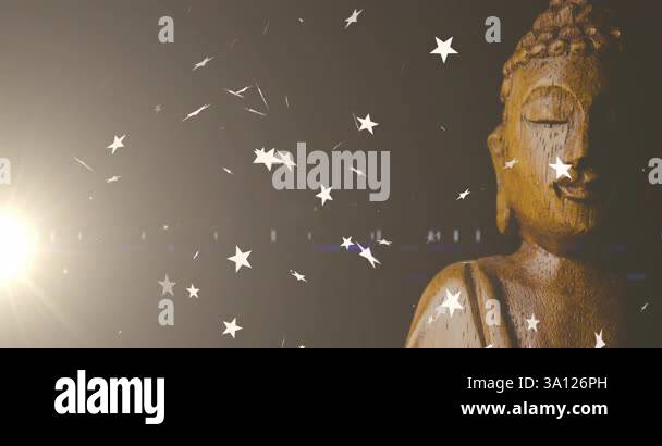 Floating stars creating serene atmosphere around Buddha statue in ...