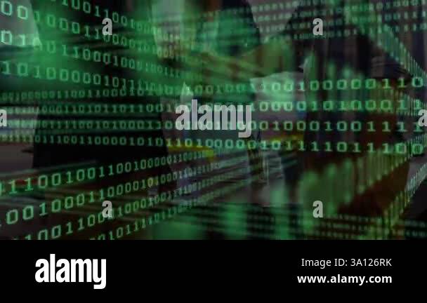 Binary code animation over people shaking hands in office setting ...