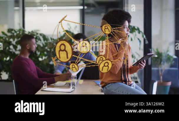 Network of connections and data processing animation over diverse ...