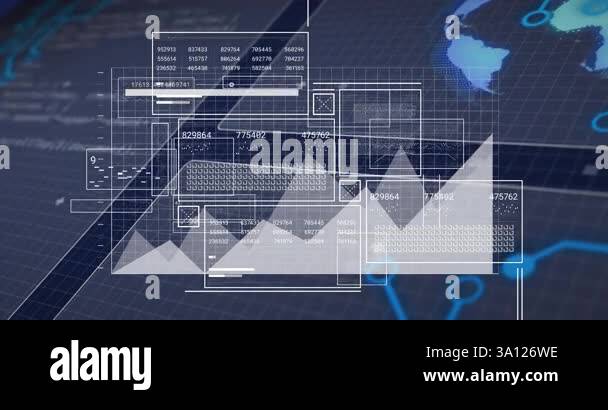 Analyzing digital data with graphs and numbers on blue grid background animation. Data analysis ...
