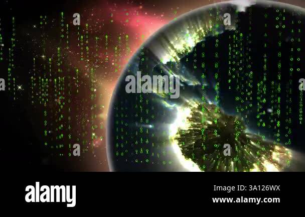Cascading green binary code over Earth with cosmic animation background ...