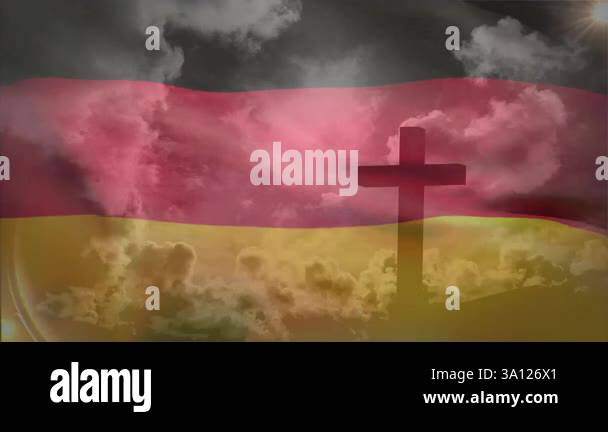 German flag with cross silhouette against dramatic cloudy sky in ...
