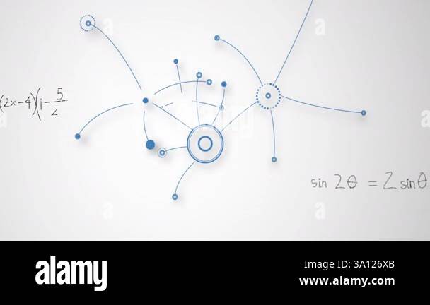 Animation of interconnected nodes and equations on white background. Network, connectivity ...