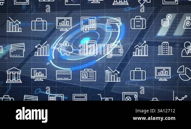 Financial technology icons processing data over digital grid background ...