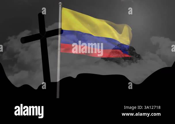 Waving Colombian flag over cross silhouette with animation in ...