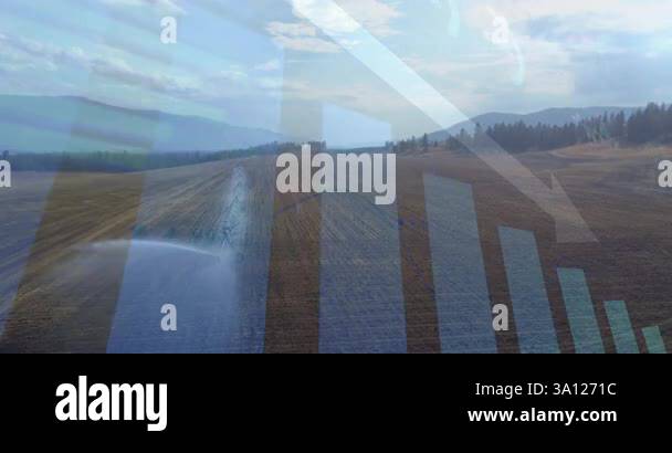 Bar graph animation over agricultural field with irrigation system and ...