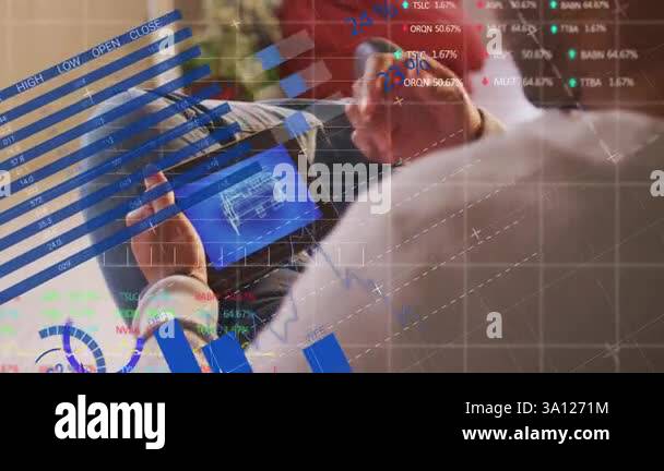 Financial data and graphs animation over person using tablet at home. Finance, technology ...