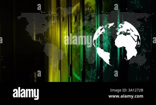 Animation of digital world map with data visualization on green and ...
