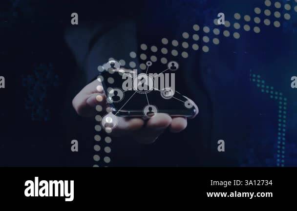 Network of connections and data processing animation over person ...