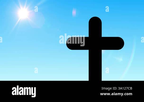 Cross silhouette against bright blue sky with sun flare animation ...