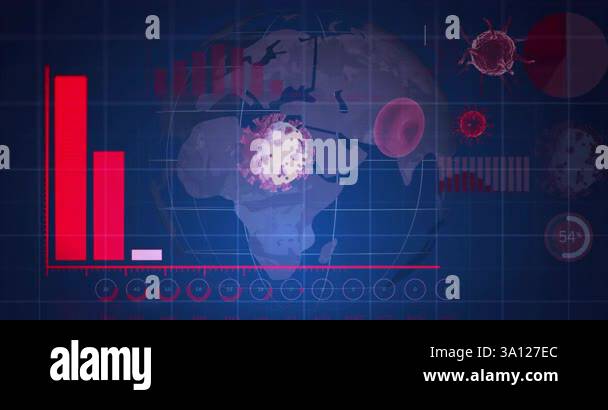 Animation of virus illustrations and bar graph over world map for data ...