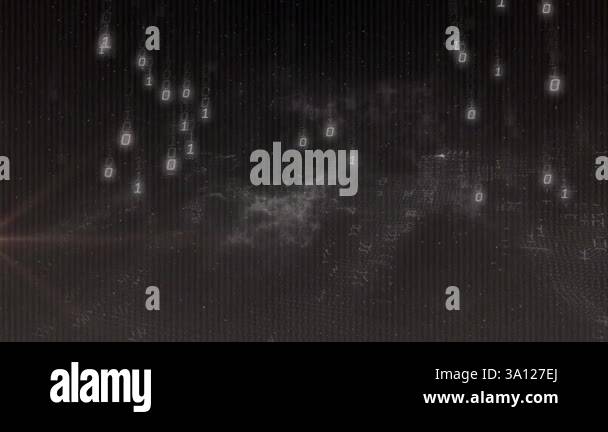 Animation of digital data processing with binary code over network visualization. Technology ...