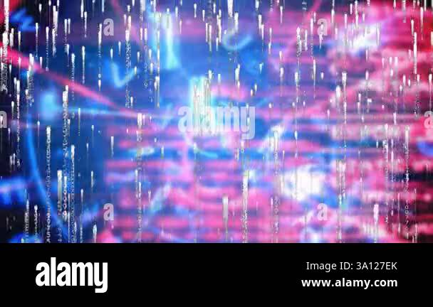 Creating digital rain animation with cascading text on vibrant pink and blue background. digital ...