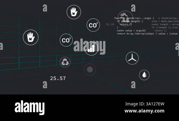 Animation of coding elements and environmental data icons floating over digital grid. Technology ...