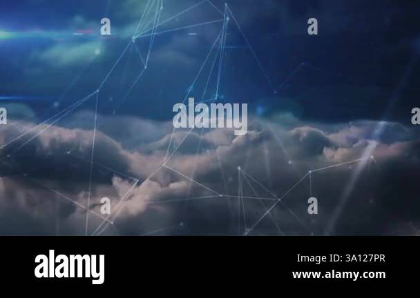 Network of connections and data processing animation over clouds in sky ...