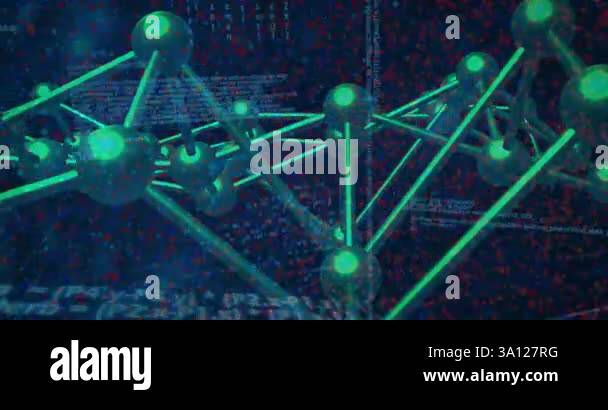 Animation of digital network with green nodes and binary code connections. Technology, data ...