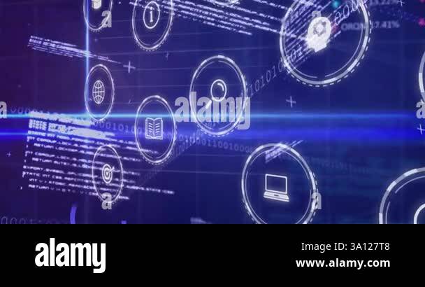 Digital icons and binary code animation over blue technological ...