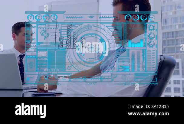 Business team in office with futuristic data processing animation ...