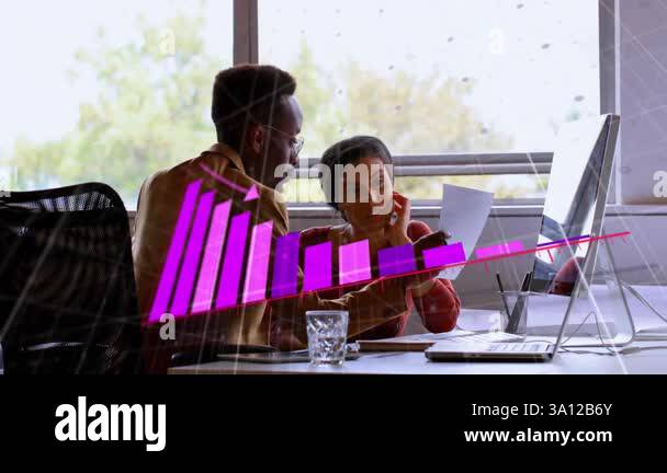 Discussing data, business professionals with pink graph animation in ...