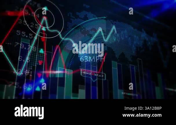 Financial data charts and graphs animation over digital world map ...