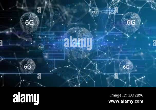 Animation of digital network connections and 6G technology with globe ...