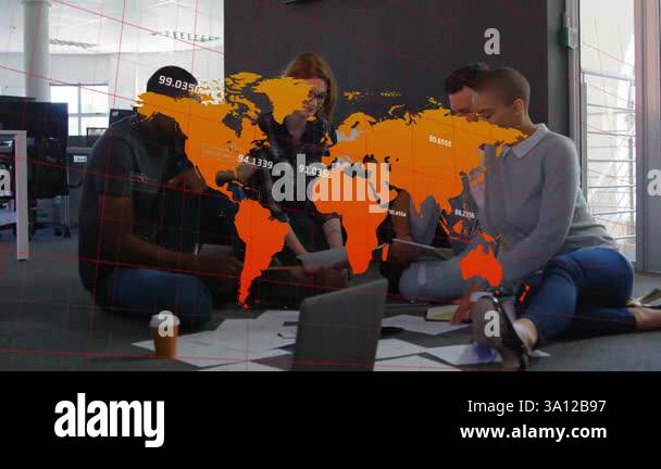 Collaborating on animation, diverse team analyzing world map with ...