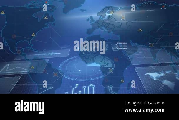 Animation of digital map with data symbols and network connections over ...
