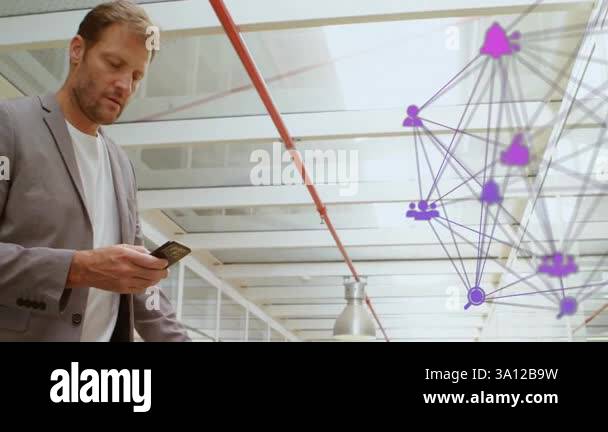 Using smartphone, businessman interacting with digital network ...