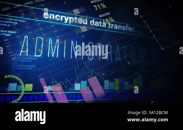 Financial data and encrypted data transfer animation over graphs and ...