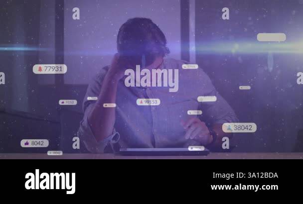 Using tablet, man surrounded by floating social media notifications in ...