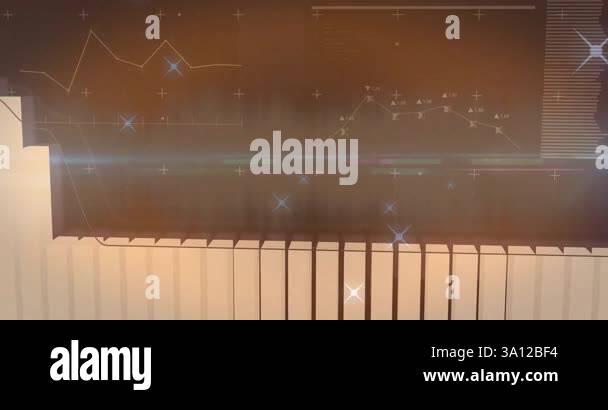 Glowing financial data charts and graphs with animation on brown ...