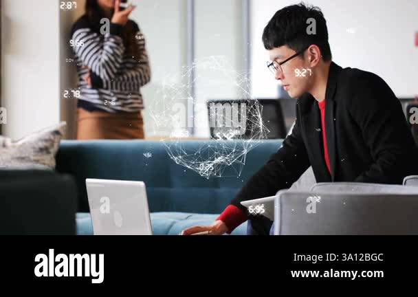 Man working on laptop with network connections animation over office ...