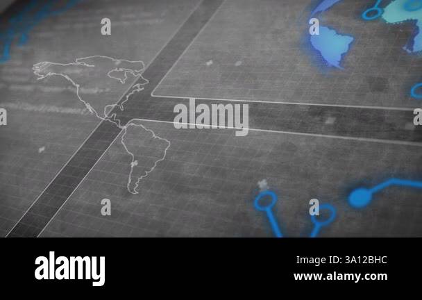 Animation of blue network connections overlaying digital data lines on ...