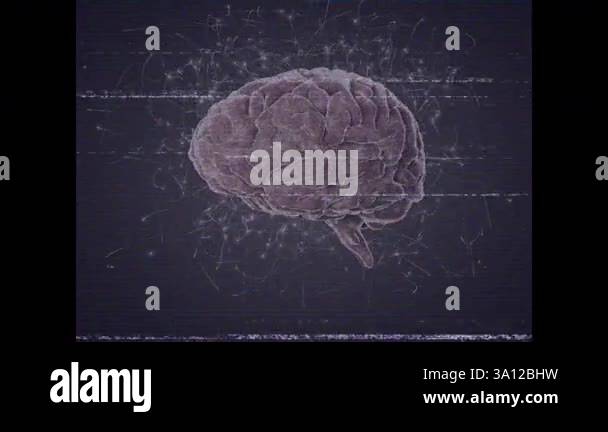 Animation of digital brain with glitch effects and abstract lines on ...