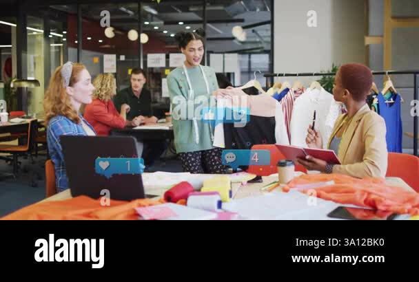 Presenting animation of outfit, fashion designer with colleagues in ...