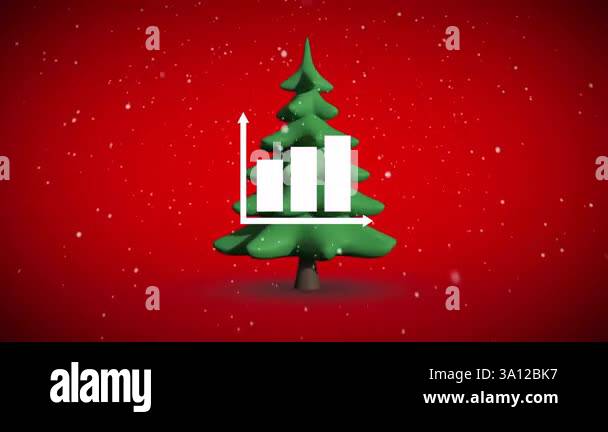 Christmas tree with bar graph over red background and falling snow ...