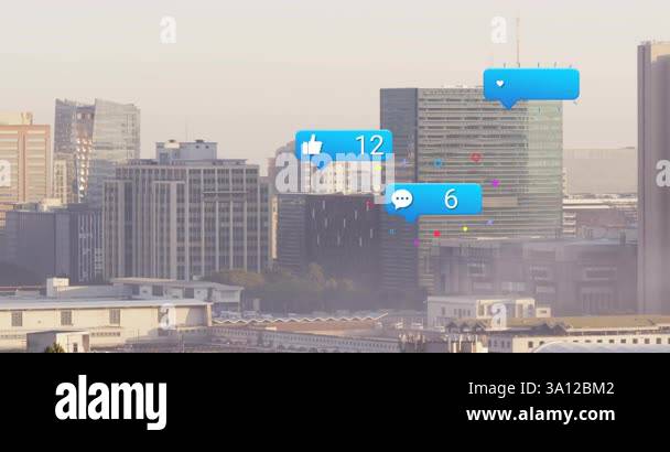 Floating social media notification icons over cityscape with tall buildings animation. Digital ...