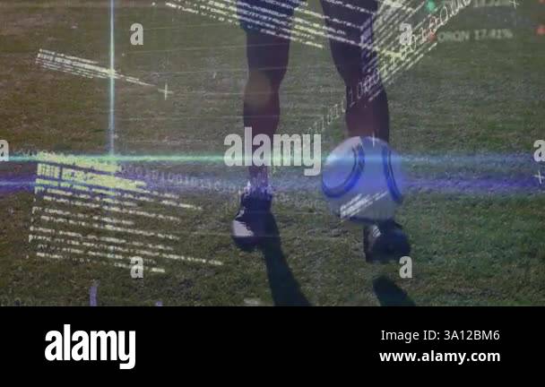 Binary code and data overlay animation over people playing soccer on ...